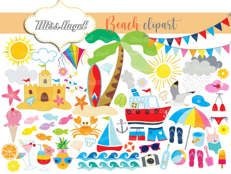 Beach Clipart Set. Summer Beach Clipart. Cute Beach Clipart Bundle ...
