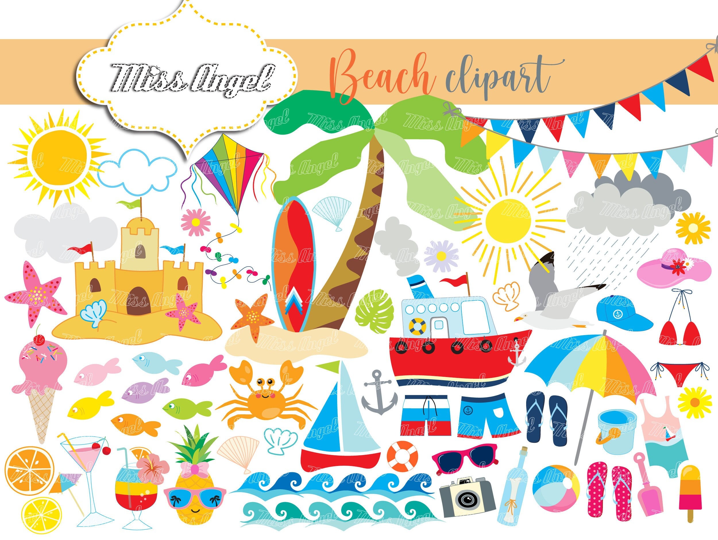 Beach Clipart Set. Summer Beach Clipart. Cute Beach Clipart Bundle ...
