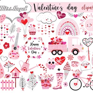 Valentines Day Clipart Bundle. Valentine Clipart Set. Pink Red Hearts ...