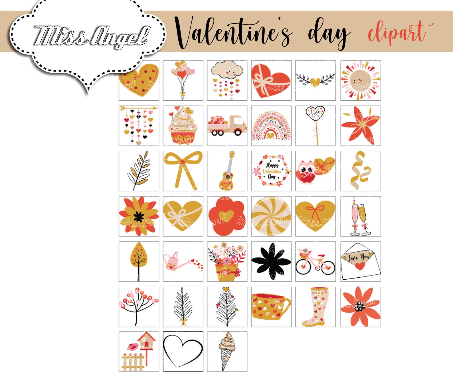 Valentines Day Clipart Bundle Gold. Valentine Clipart Set. Red Gold ...