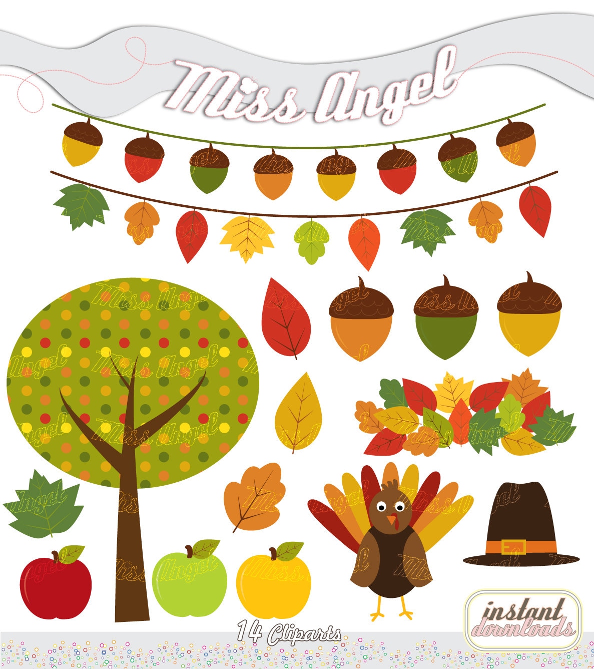 Fall Autumn Clipart, Digital Thanksgiving: Printable Leaves, Tree ...