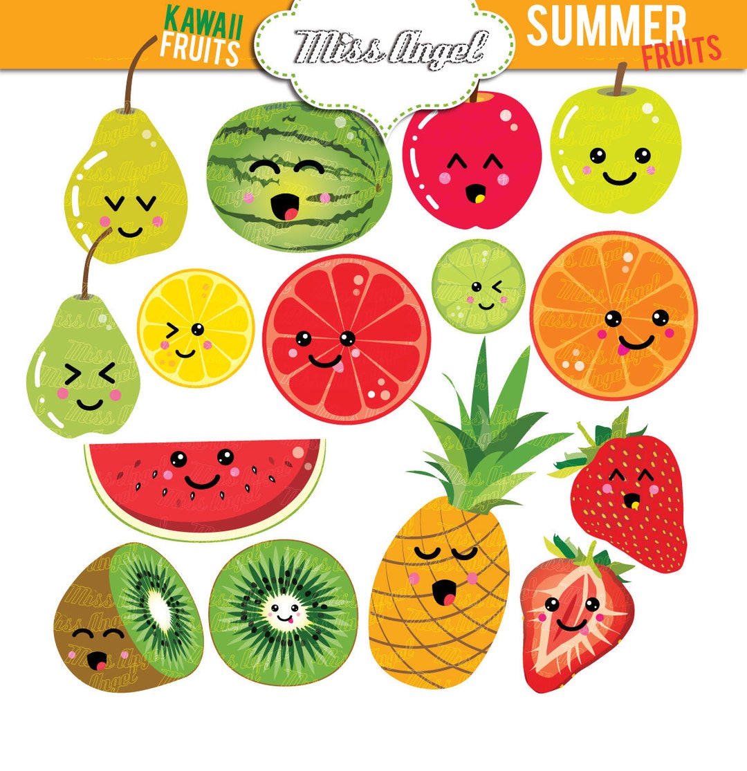 Cute Fruits Digital Clipart. Kawaii Summer Fruits. Smiling Fruits ...