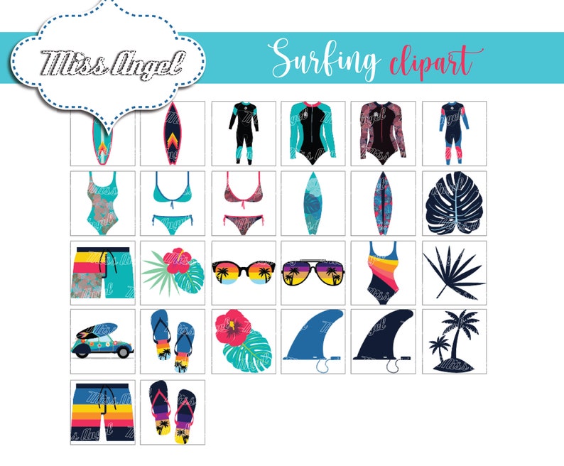 Surfing Clipart. Summer Surf Clip Art. Digital Surfboard Palm - Etsy