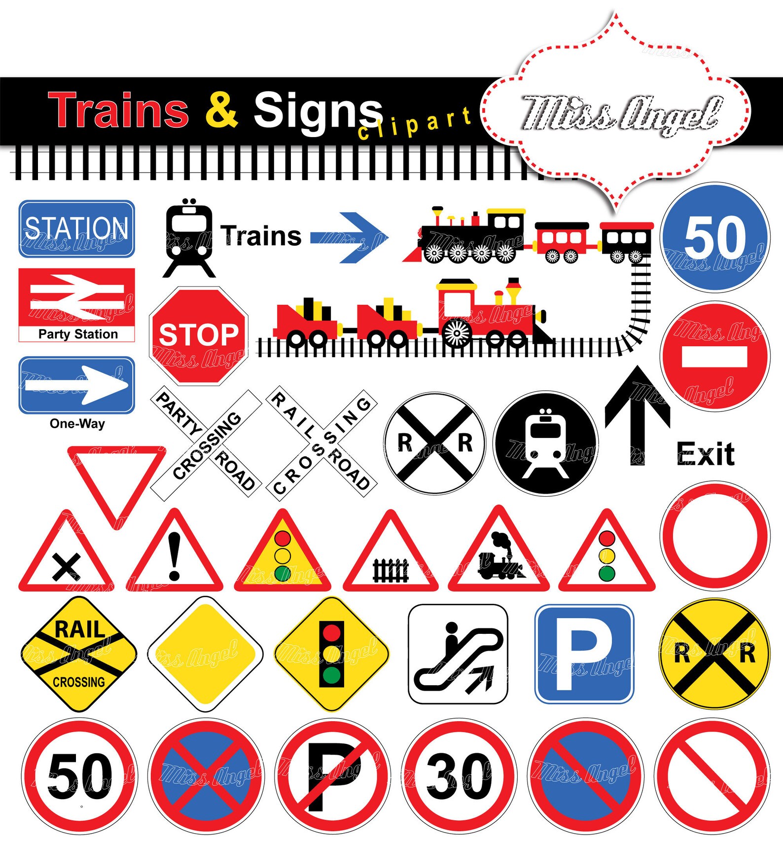 Trains and Traffic Signs Clipart. Trains Children Party Clipart. Kids ...