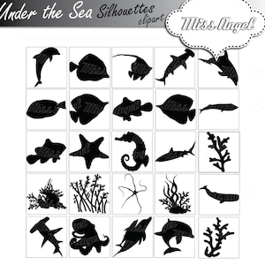 Under the Sea Silhouettes Clip Art. Dolphins, Sharks, Fish, Sea Horse ...
