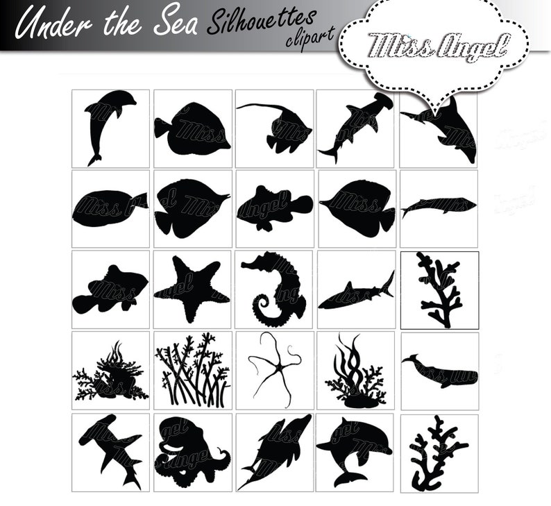 Under the Sea Silhouettes Clip Art. Dolphins, Sharks, Fish, Sea Horse ...