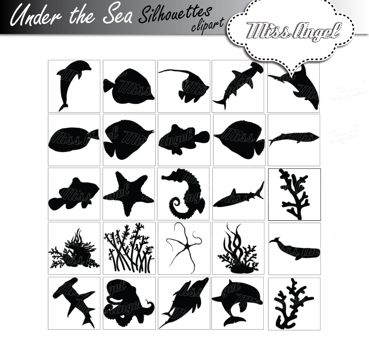 Under the Sea Silhouettes Clip Art. Dolphins, Sharks, Fish, Sea Horse ...
