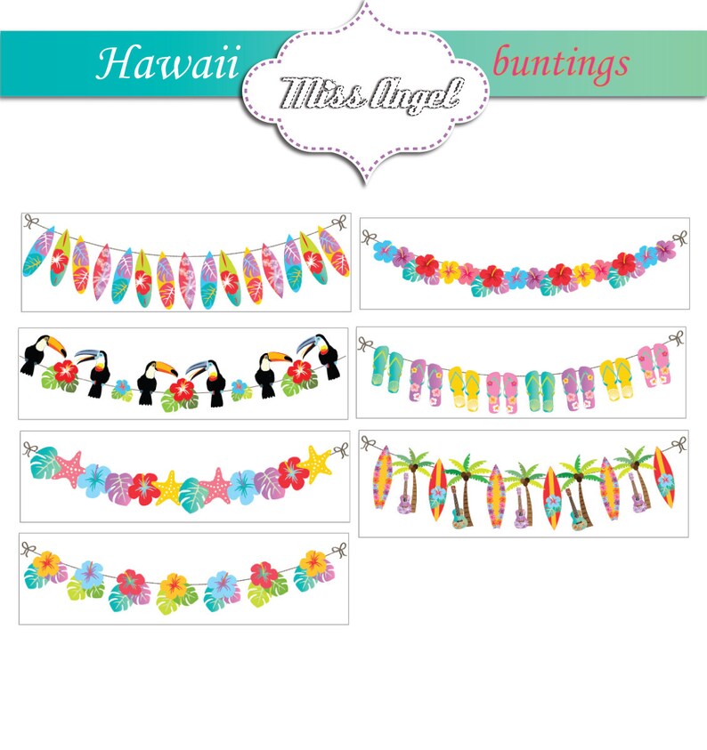 Hawaii Buntings. Surf Borders Clip Art. Tropical Summer Digital Ribbons ...