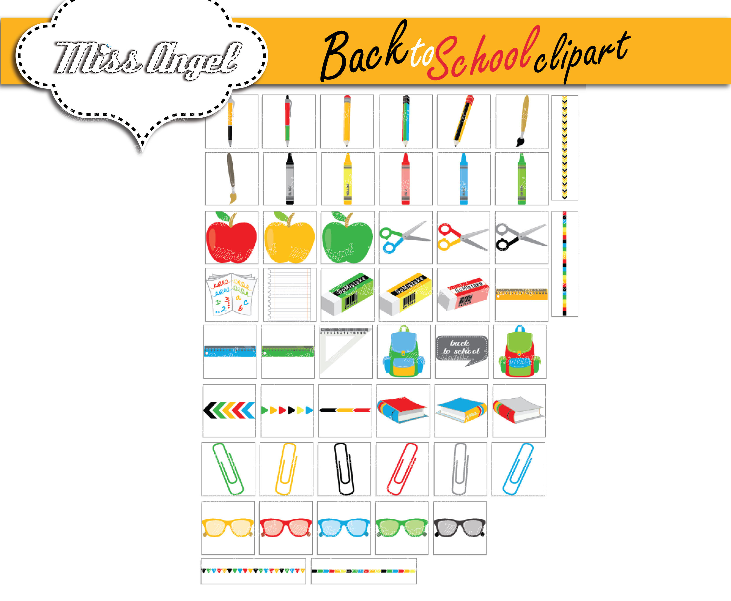 School CLIP ART. Back to School Supplies Clip Art. School Stationary ...