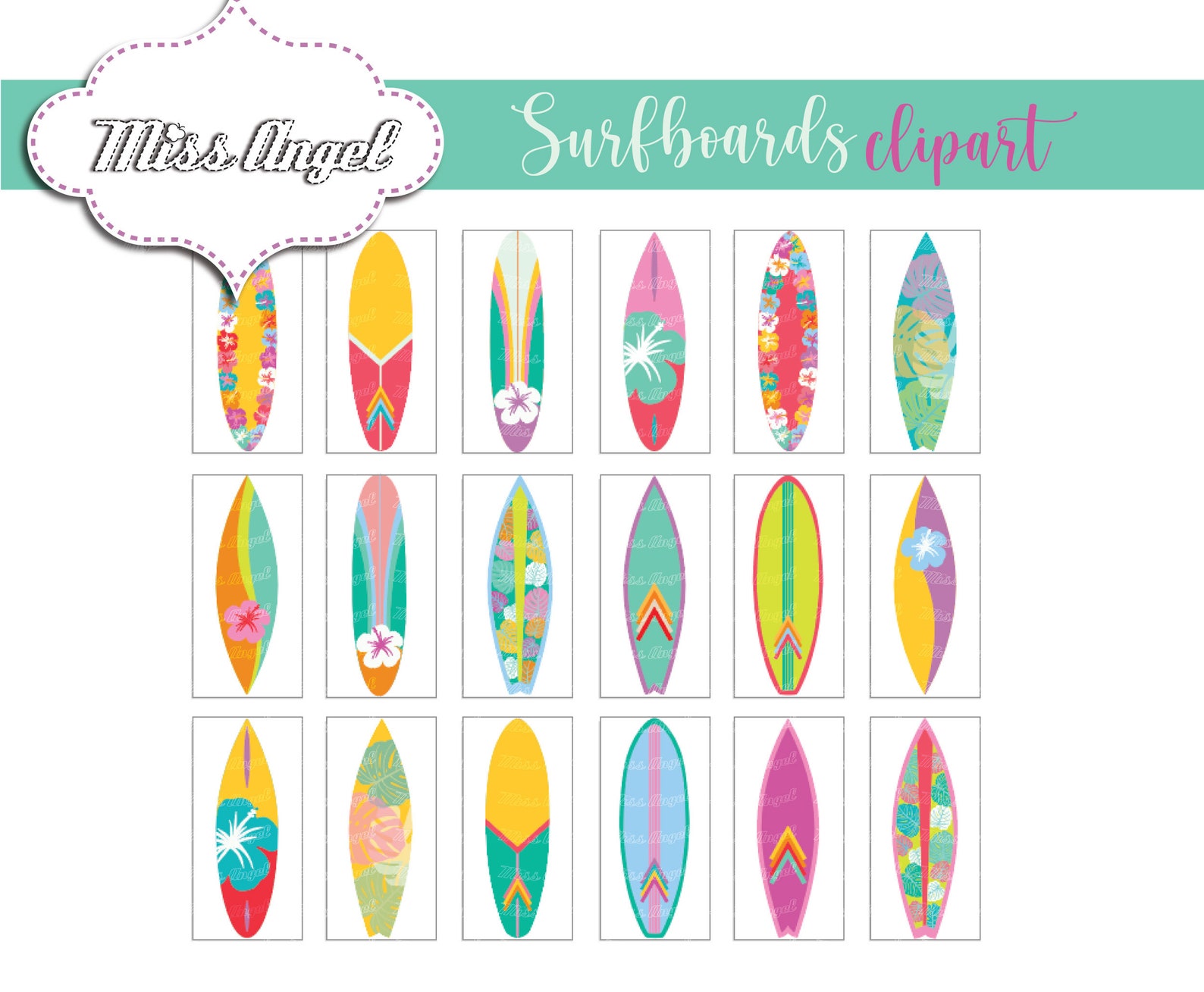 Hawaii Surfboards Clipart Set, 18 Digital Surf Boards. Beach Colorful ...