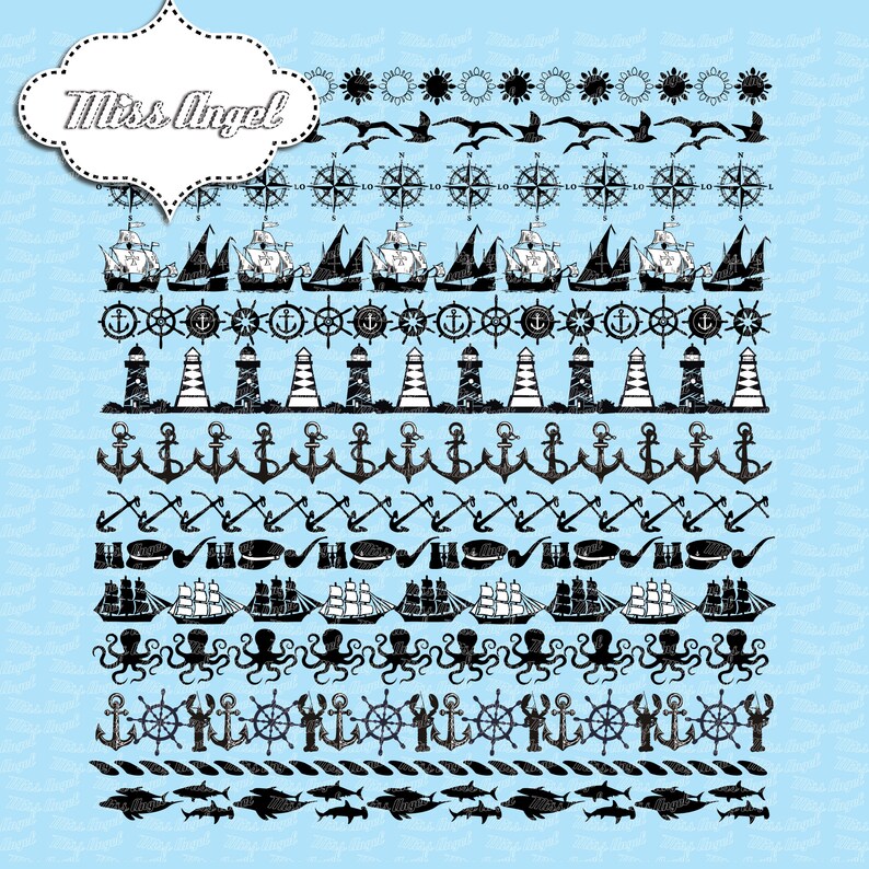 Nautical Borders Clipart. Black White Digital Nautical Bunting Banners ...