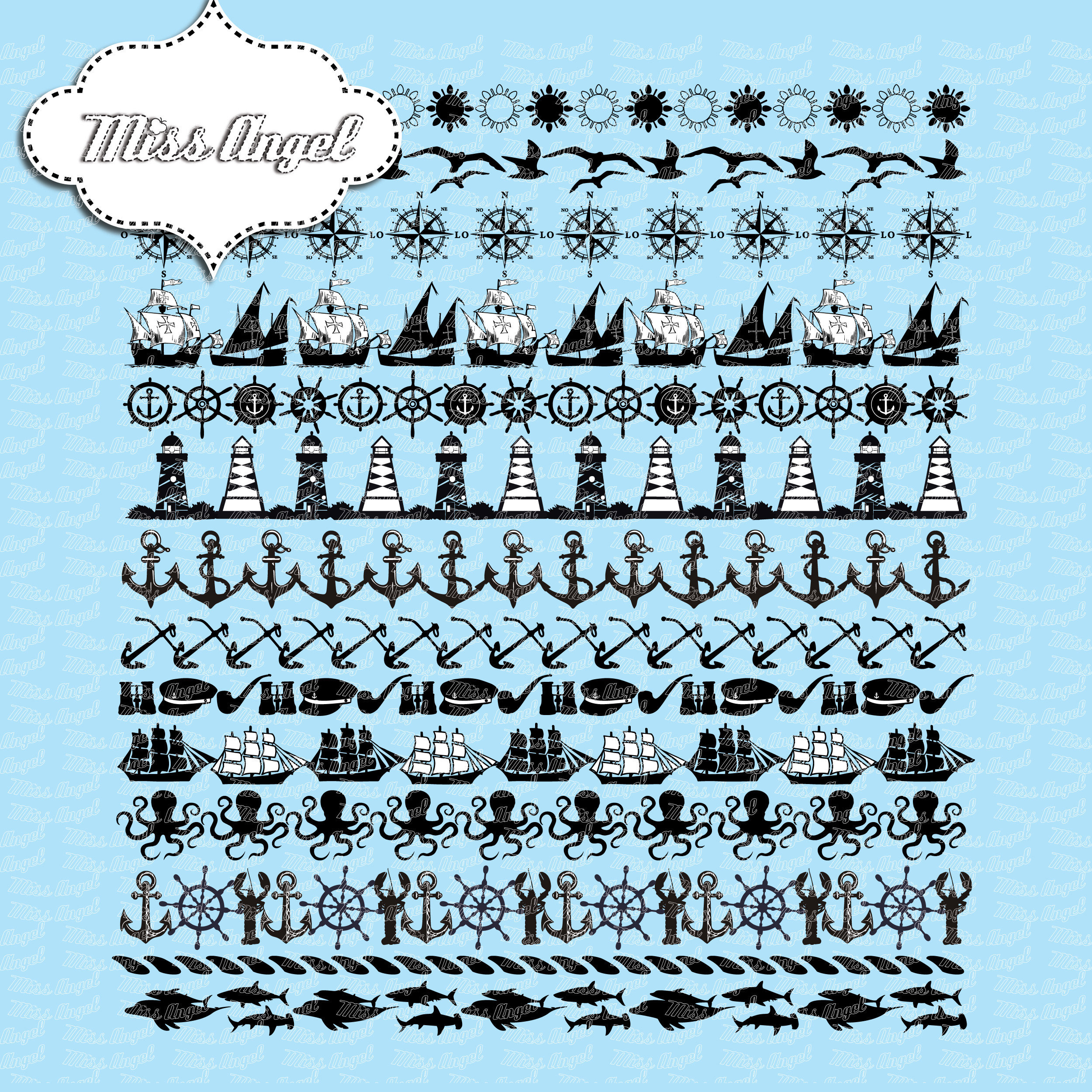 Nautical Borders Clipart. Black White Digital Nautical Bunting Banners ...