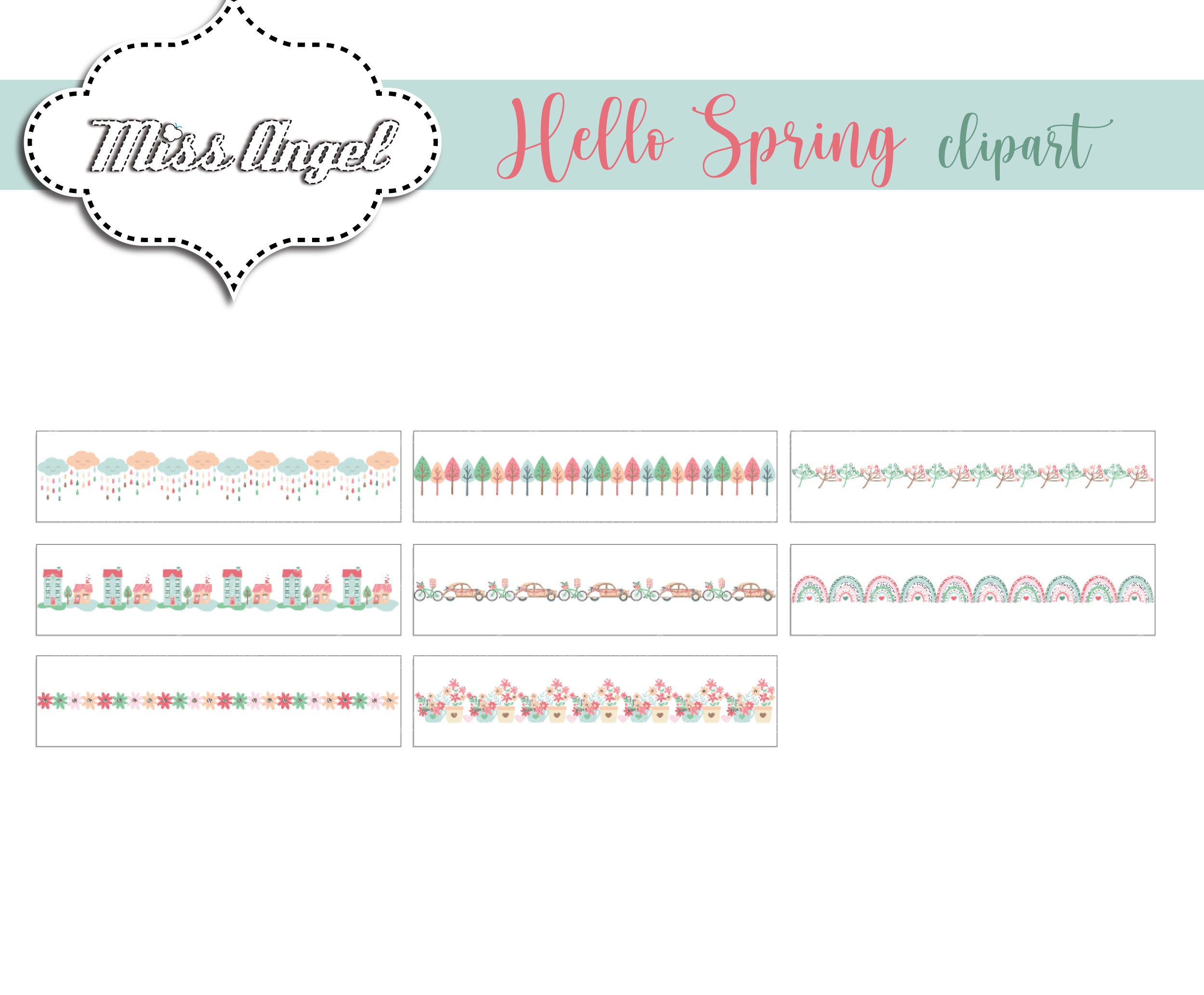 Spring Borders Clipart. Cute Rainbows, Houses, Car, Bike, Flowers ...