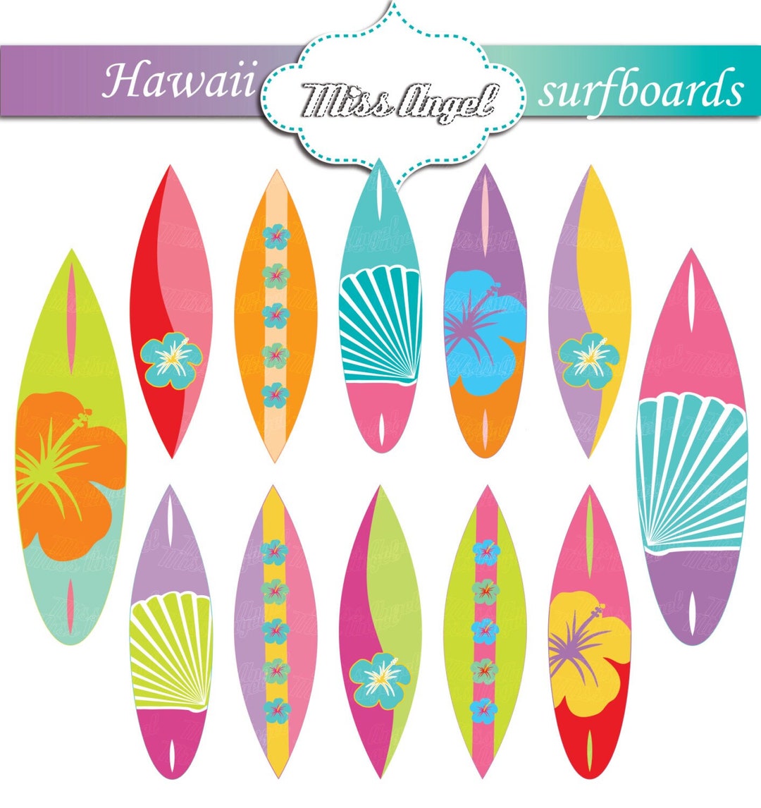 Hawaii Surfboards CLIP ART, 12 Scrap Booking Digital Images, Colorful ...