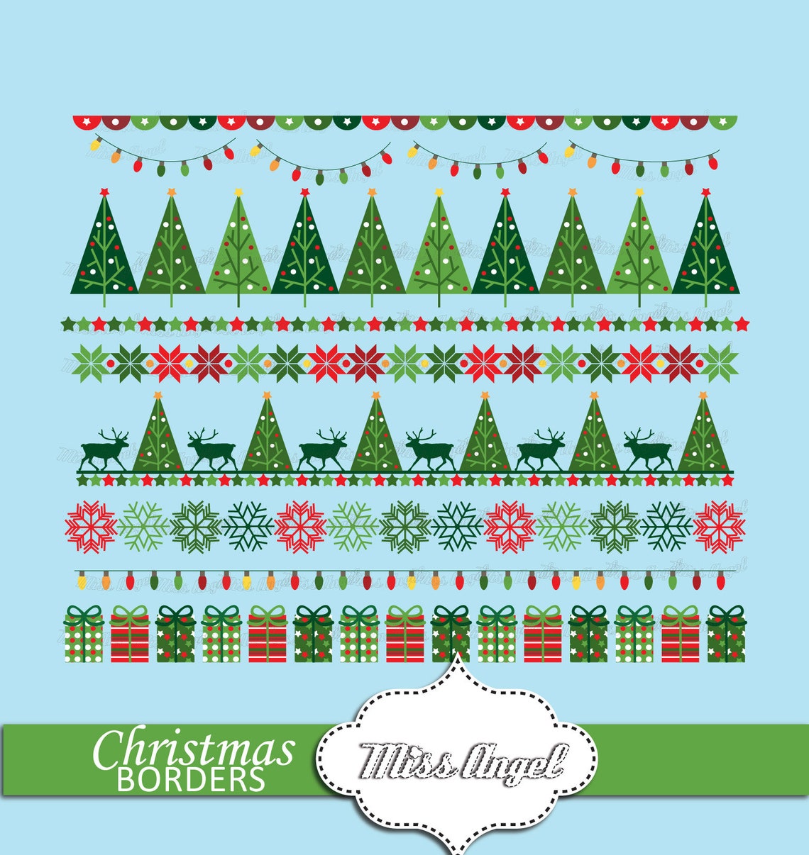 Digital Christmas Borders Clipart. Small Commercial Use. Green Red ...