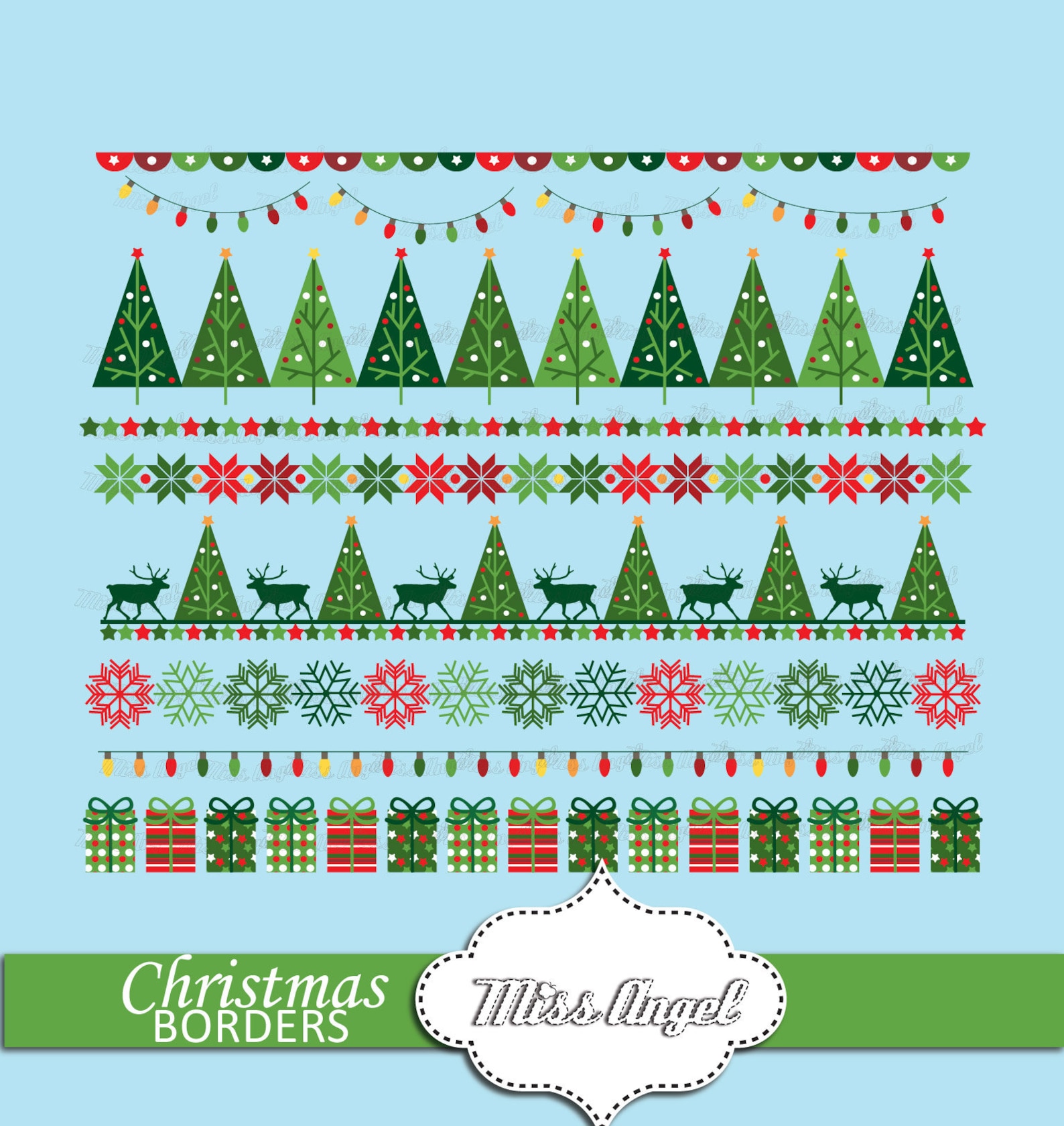 Digital Christmas Borders Clipart. Small Commercial Use. Green Red ...