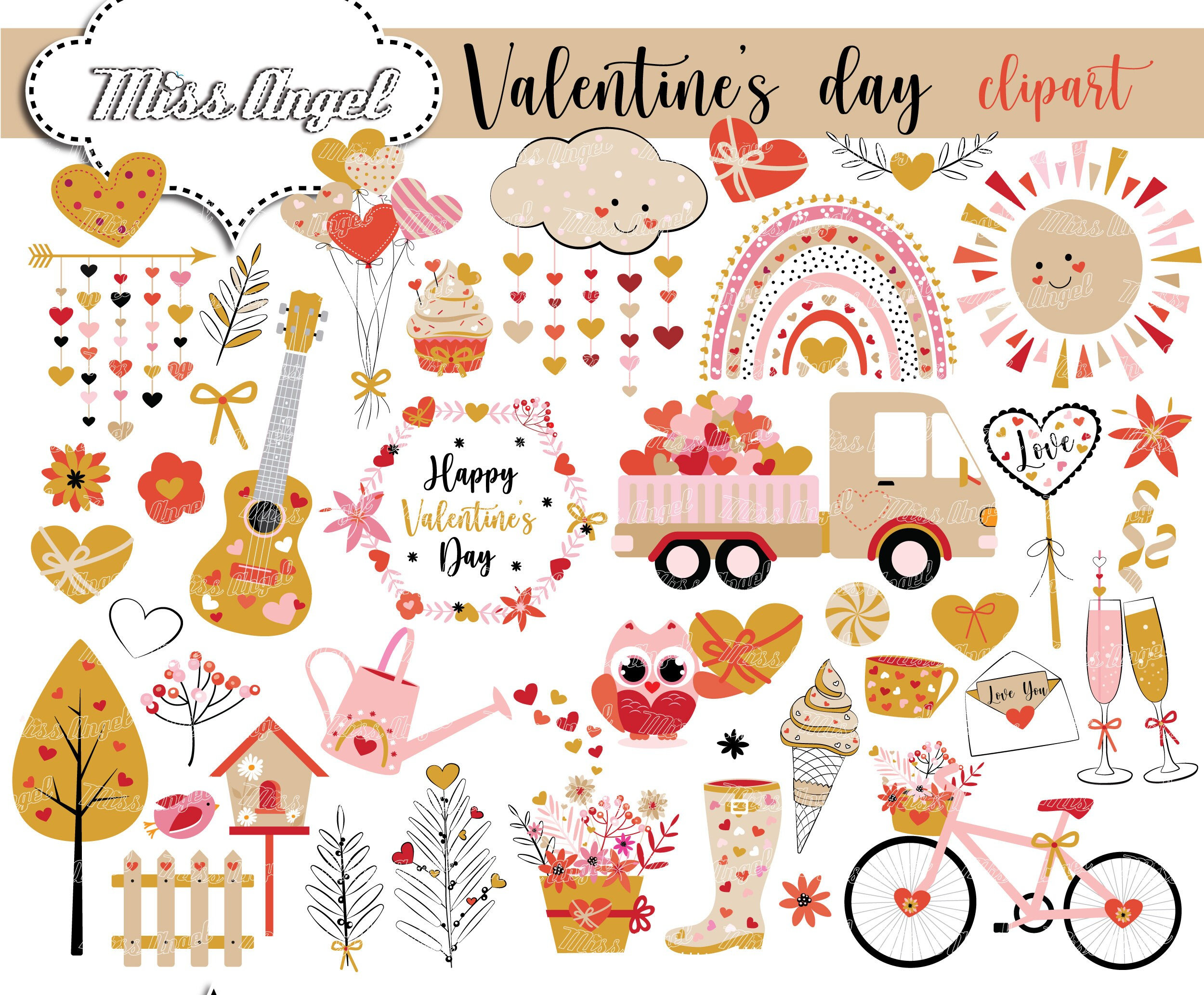 Valentines Day Clipart Bundle Gold. Valentine Clipart Set. Red Gold ...