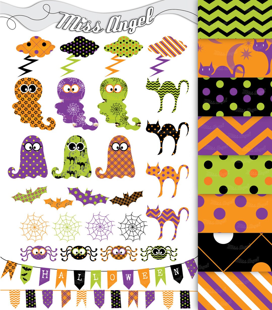 Halloween Clipart. Hallowen Digital Sheets. 28 Clip Art + 8 Patterns ...
