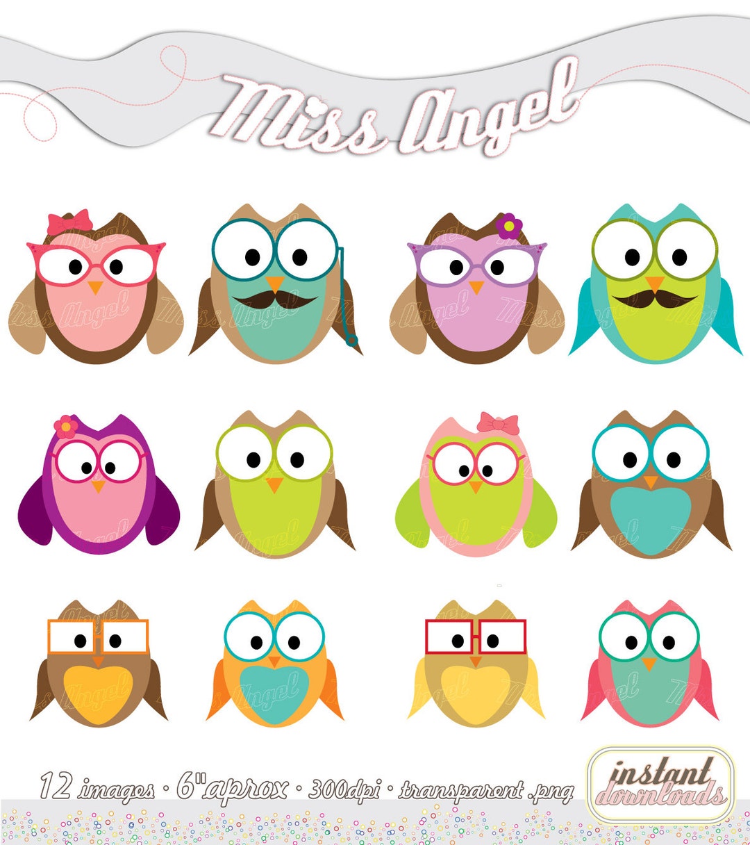 Owls CLIPART. Owls Wearing Glasses Clip Art. 6" Digital Illustrations ...