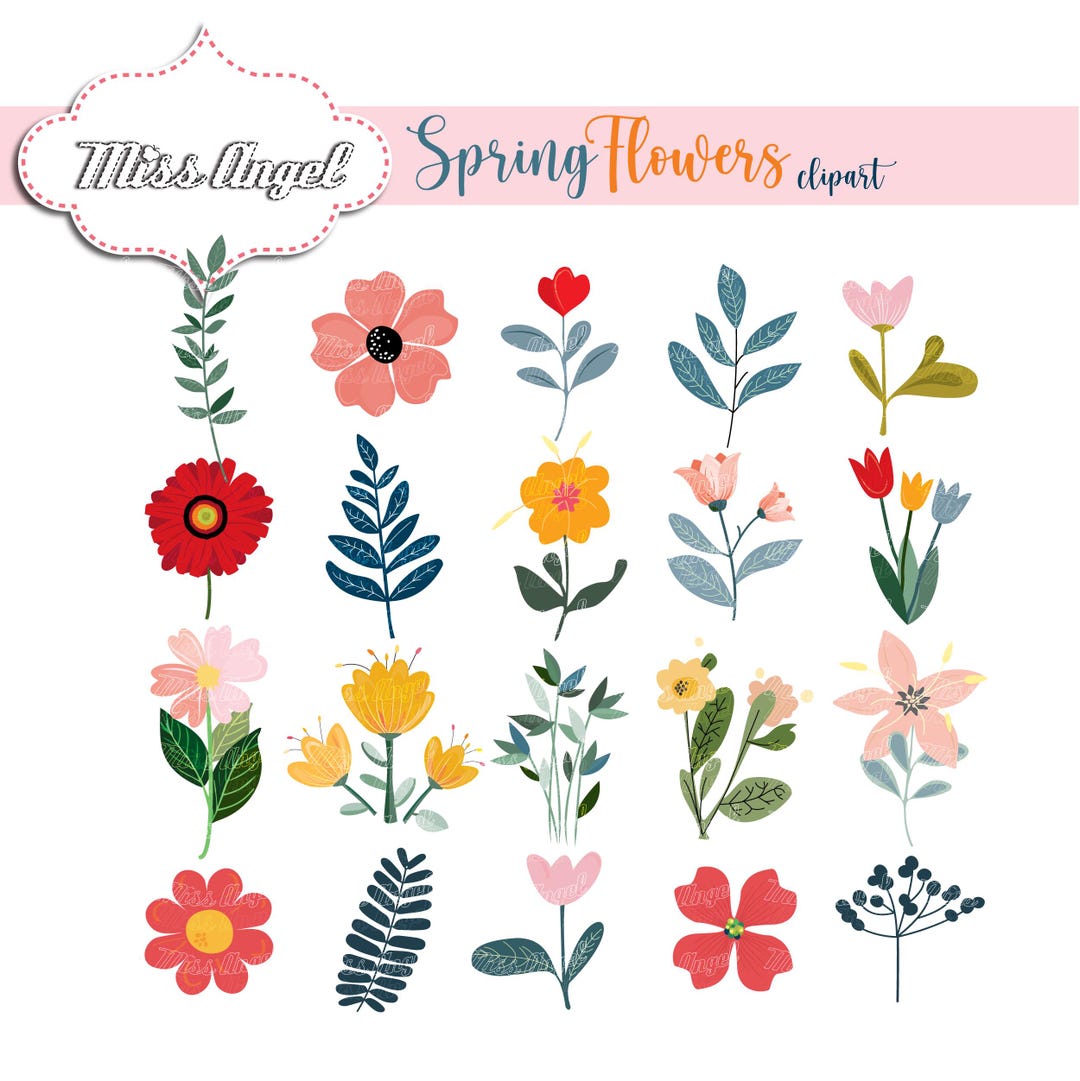 Modern Spring Flowers, 20 Simple Digital Flowers. 6" Clipart Printable ...