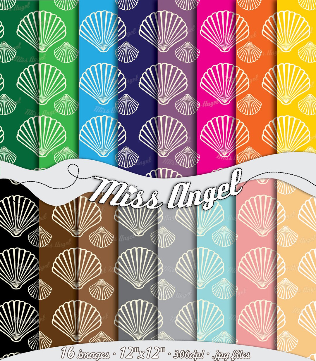 Shell Paper Sheets. Shells Digital Paper Set. Bright Colors. 16 Shell ...