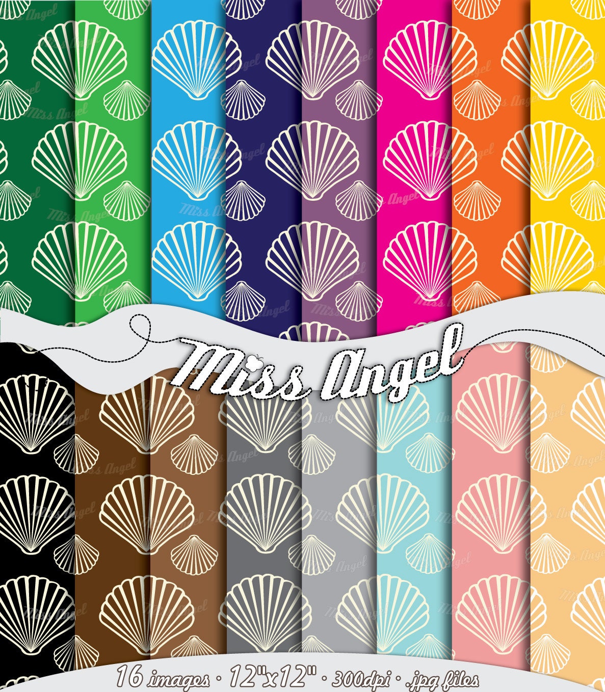 Shell Paper Sheets. Shells Digital Paper Set. Bright Colors. 16 Shell ...