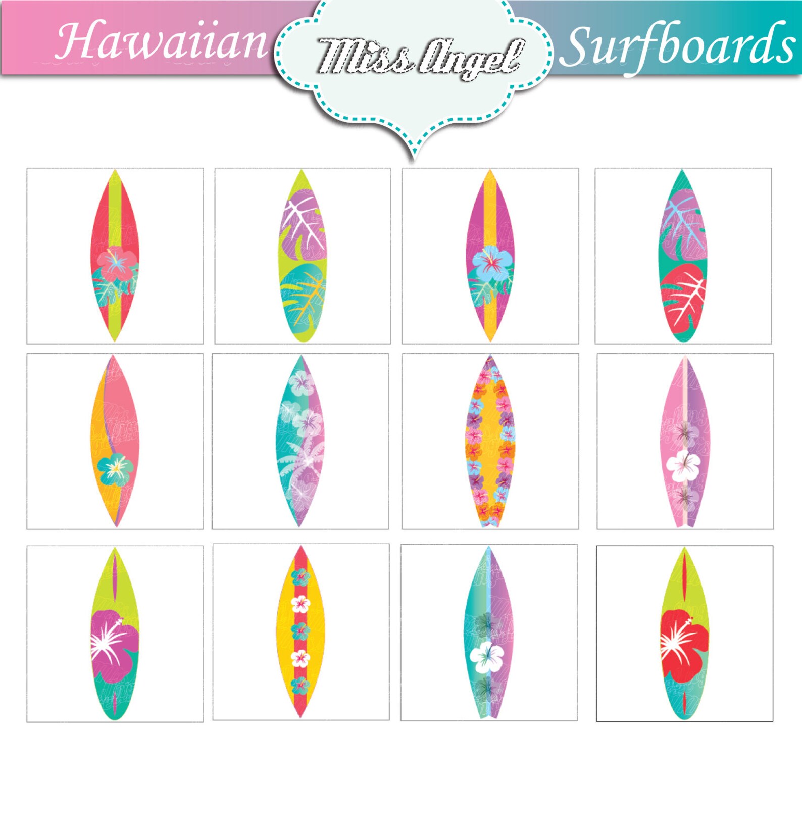 Hawaii Surfboards Clip Art Set, 12 Digital Surf Boards. Hibiscus ...
