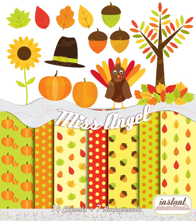 Thanksgiving Clipart and Digital Papers. Pumpkin Pattern, Leaves ...