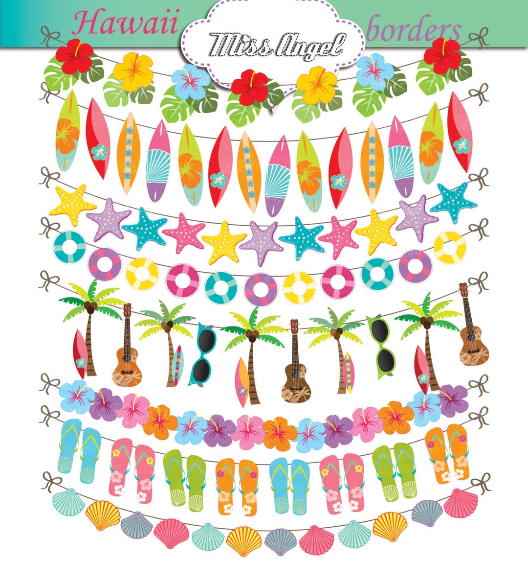 Hawaii Borders Clip Art, Tropical Summer Digital Ribbons, Surf Banners ...