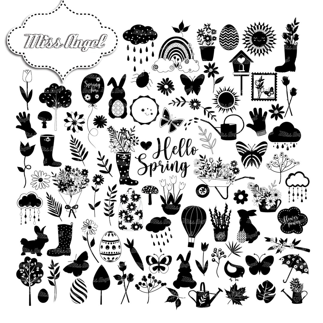 Spring and Easter Silhouettes Clipart Bundle. Cute Black Spring Garden ...
