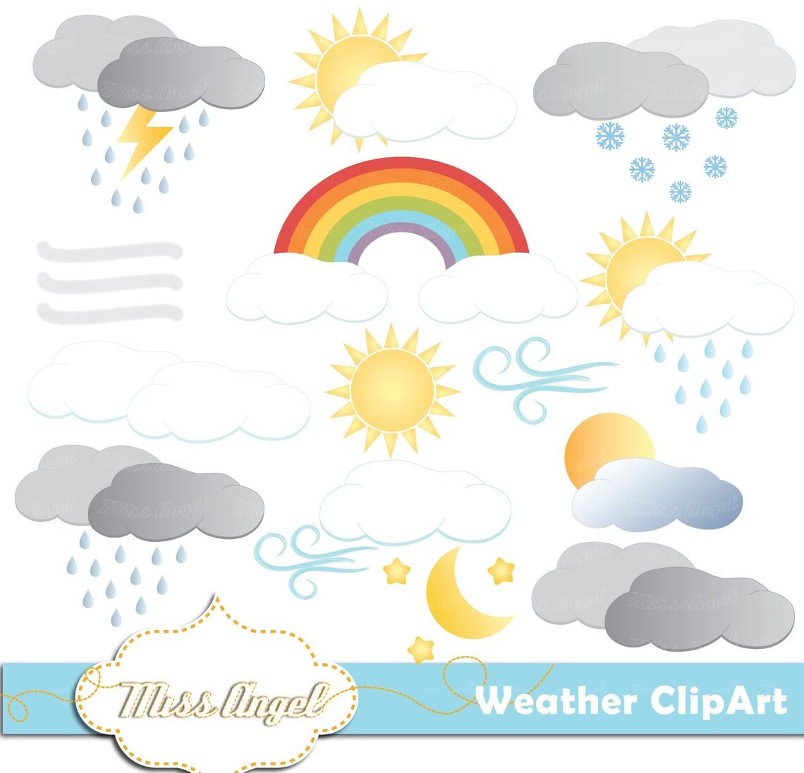 Weather CLIPART. Digital Weather Illustrations. Printable Rainbow ...