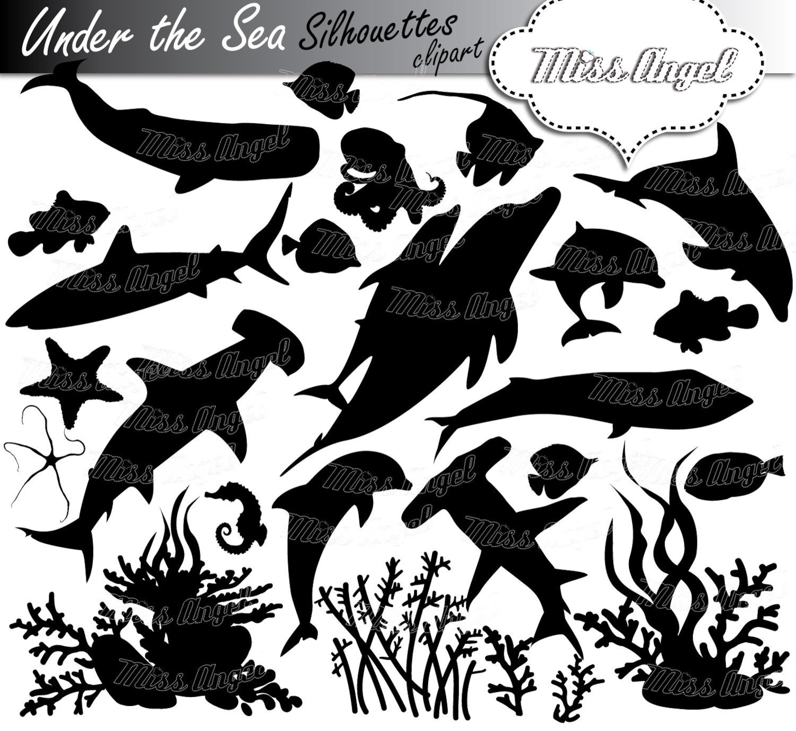Under the Sea Silhouettes Clip Art. Dolphins, Sharks, Fish, Sea Horse ...