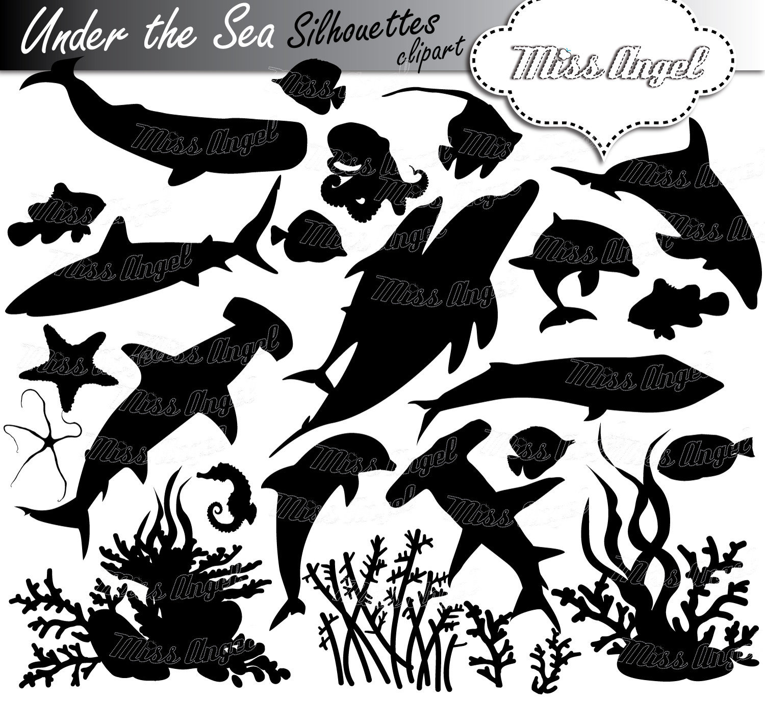 Under the Sea Silhouettes Clip Art. Dolphins, Sharks, Fish, Sea Horse ...