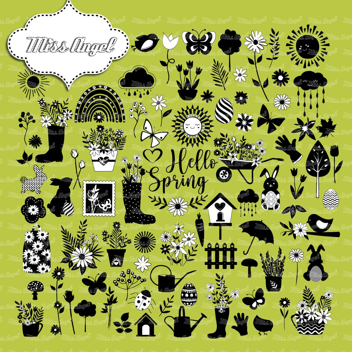 Spring and Easter Clipart Silhouettes Bundle. Cute Spring Garden ...