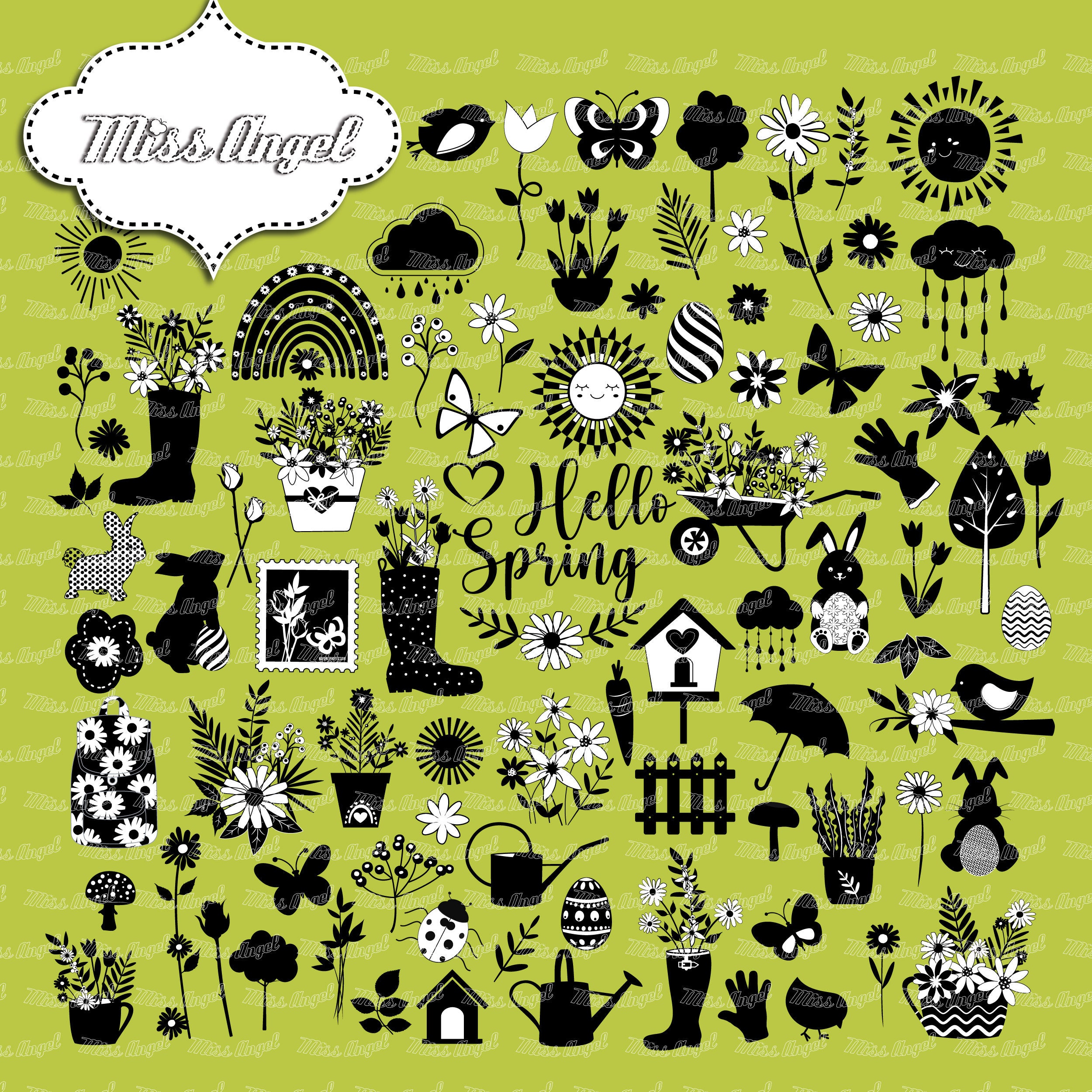 Spring and Easter Clipart Silhouettes Bundle. Cute Spring Garden ...