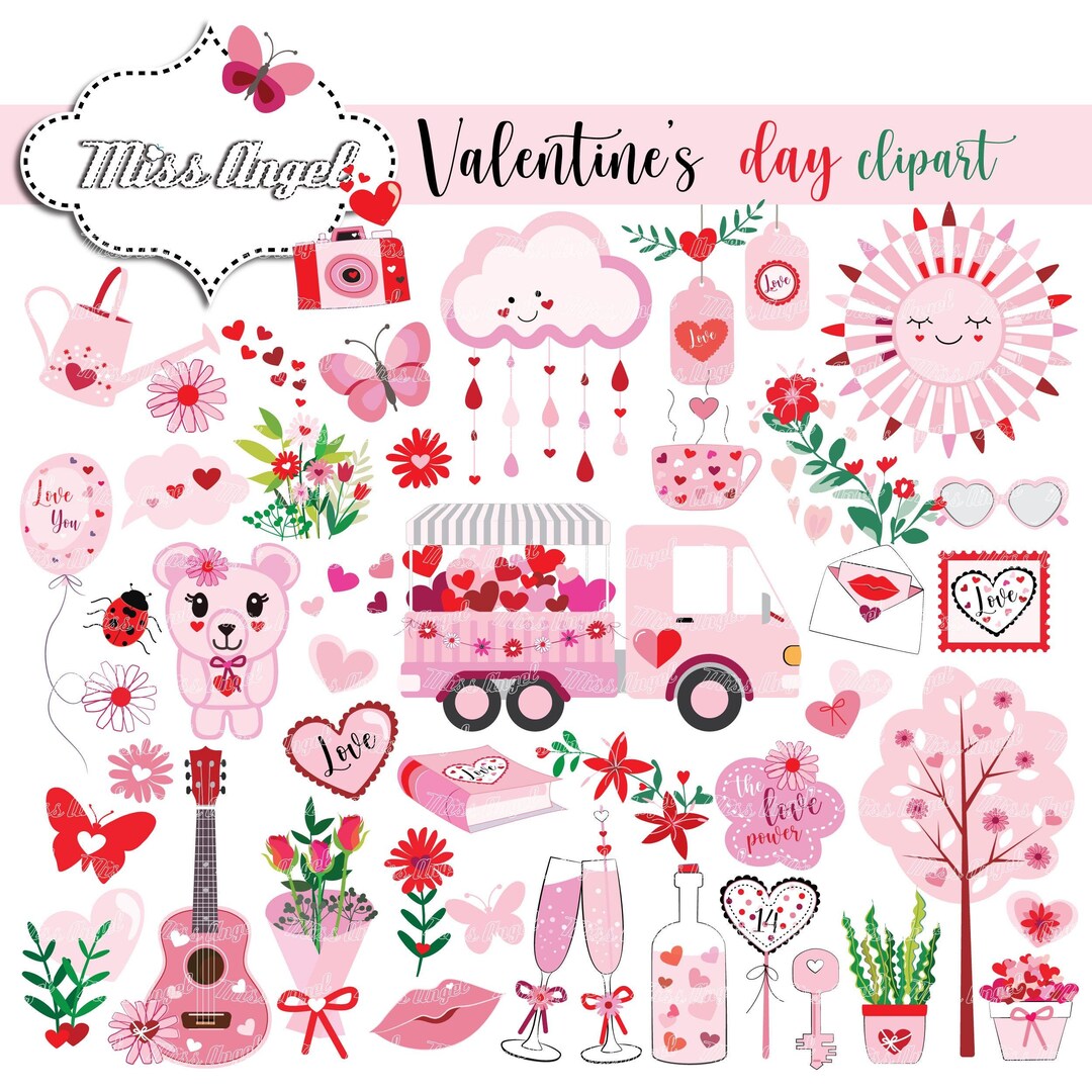 Valentines Day Clipart. Valentine Clipart Set. Pink Red Hearts Clipart ...
