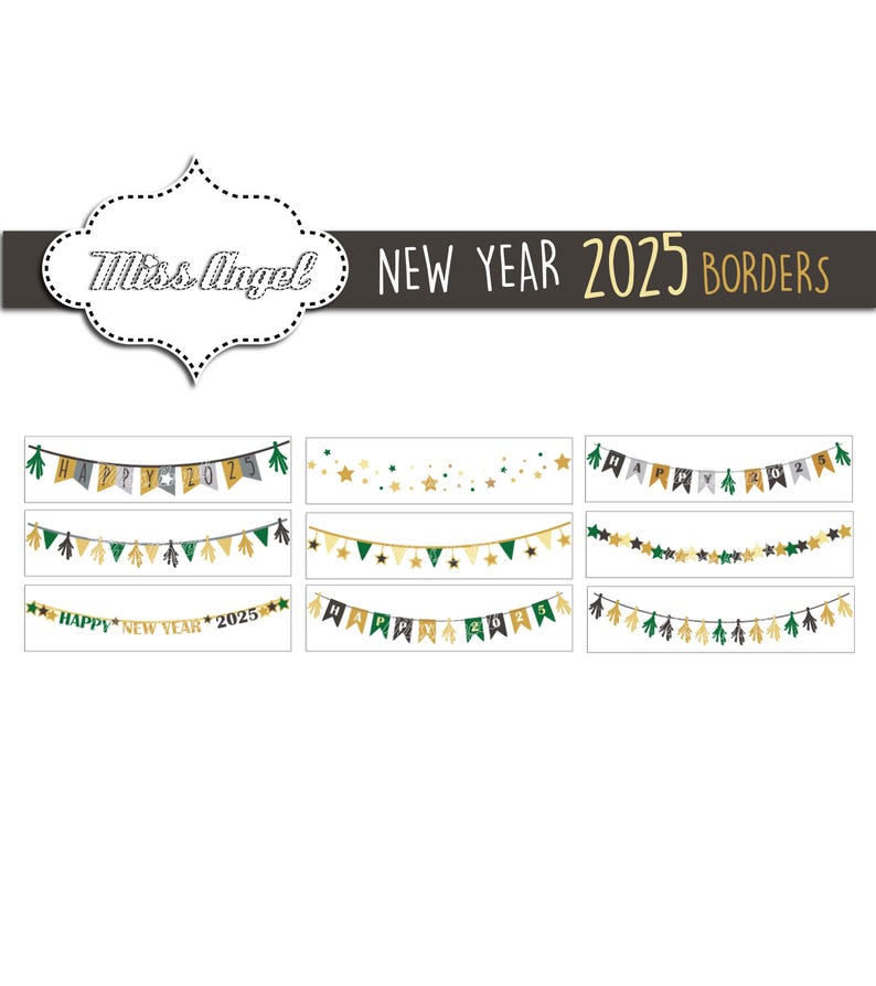 New Year Clipart Buntings. New Year's 2025 Garlands. Gold, Grey, Green ...