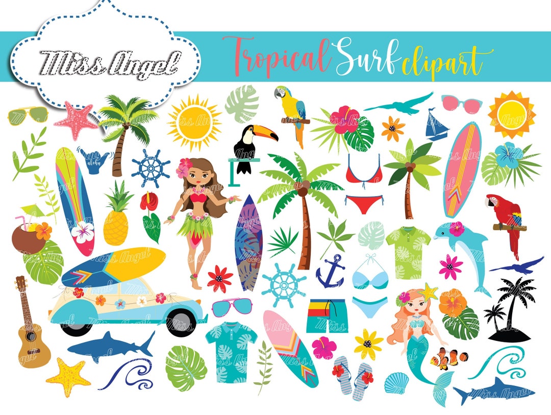 Tropical Surf Clipart Bundle. Beach Party Clipart. Small Commercial Use ...