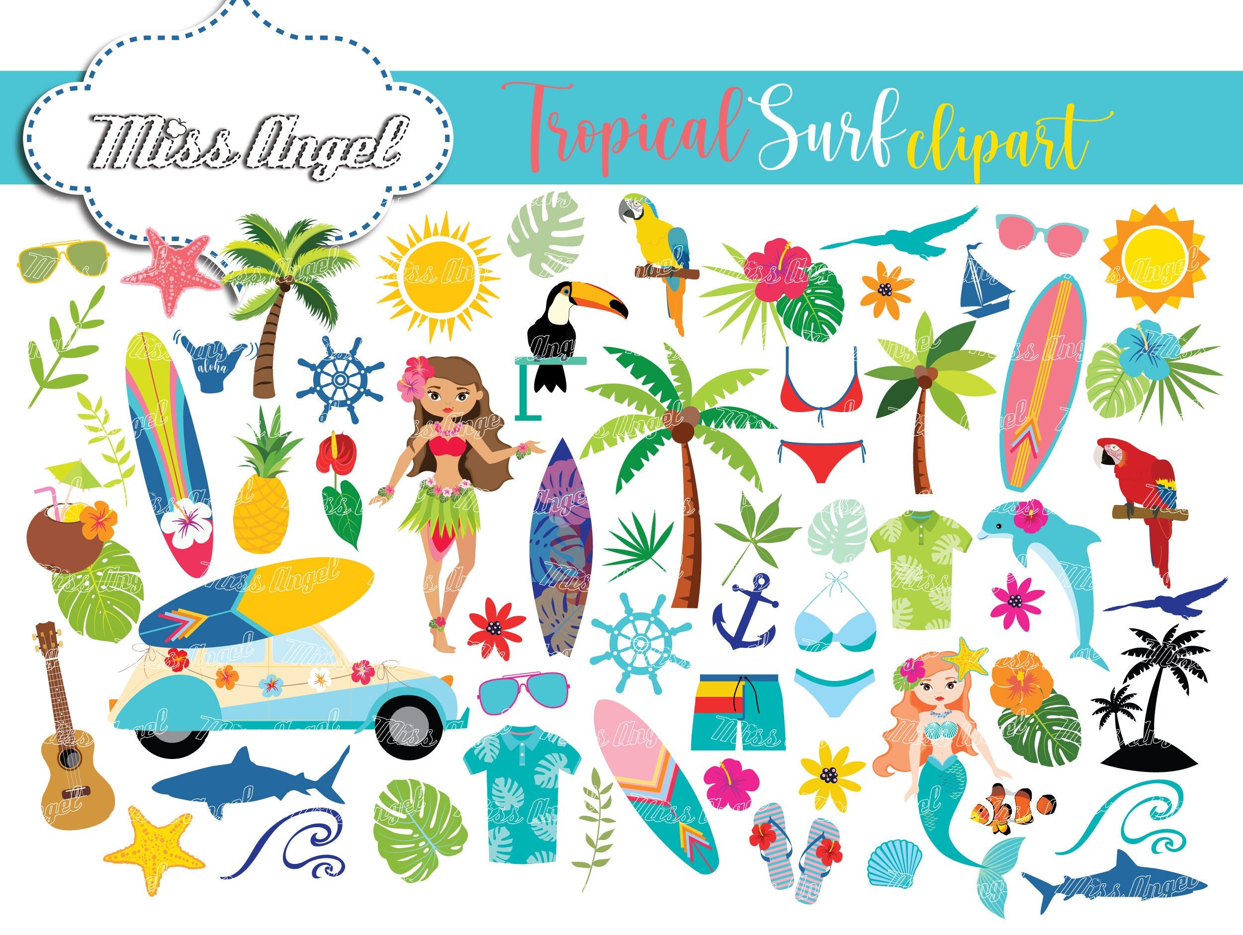 Tropical Surf Clipart Bundle. Beach Party Clipart. Small - Etsy