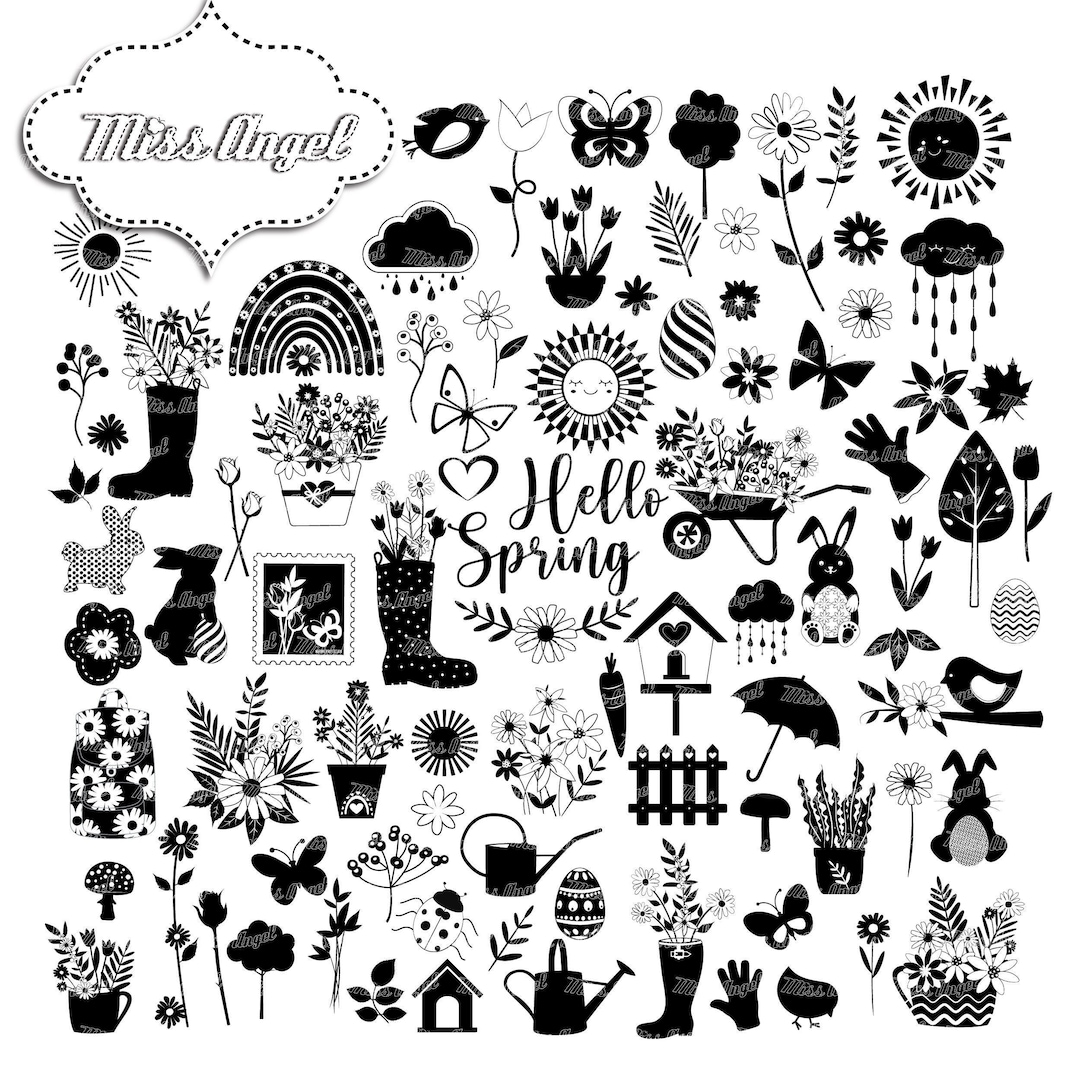 Spring and Easter Clipart Silhouettes Bundle. Cute Spring Garden ...