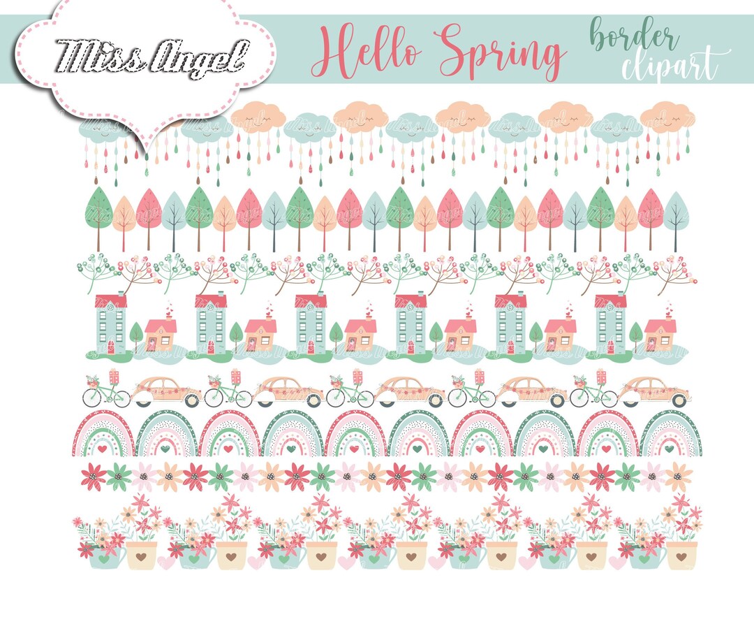 Spring Borders Clipart. Cute Rainbows, Houses, Car, Bike, Flowers ...