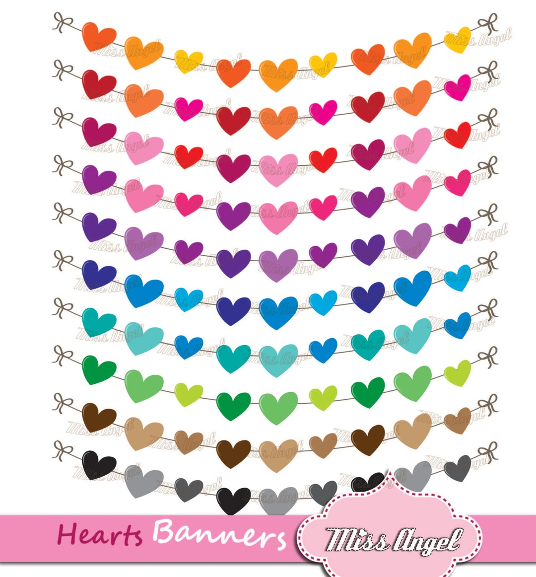 Hearts Bunting Banner, Valentine's Borders Clip Art, 10 Hearts Bunting ...
