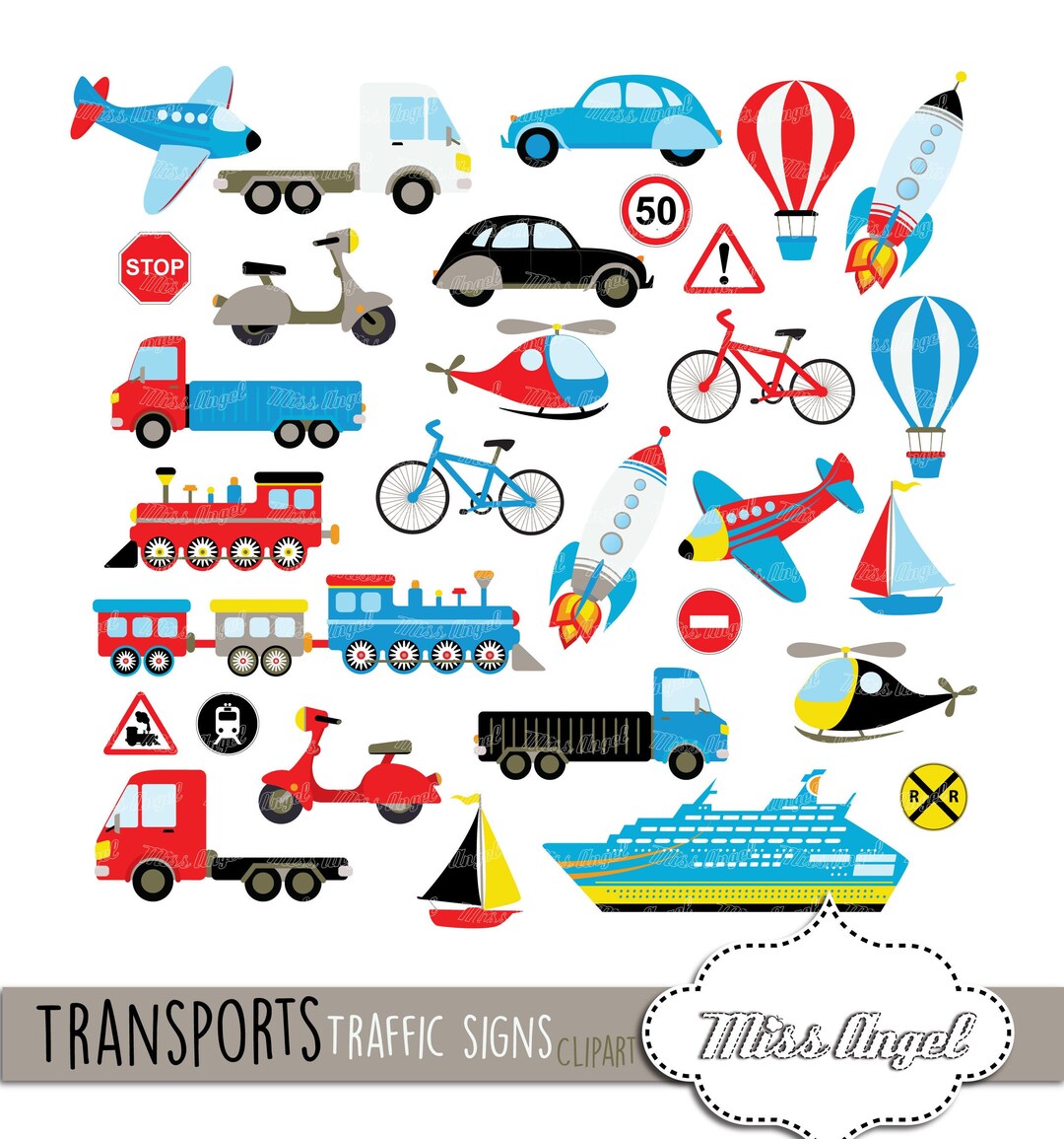Transport Clipart. Vehicle Clipart. Car, Train, Truck, Helicopter ...
