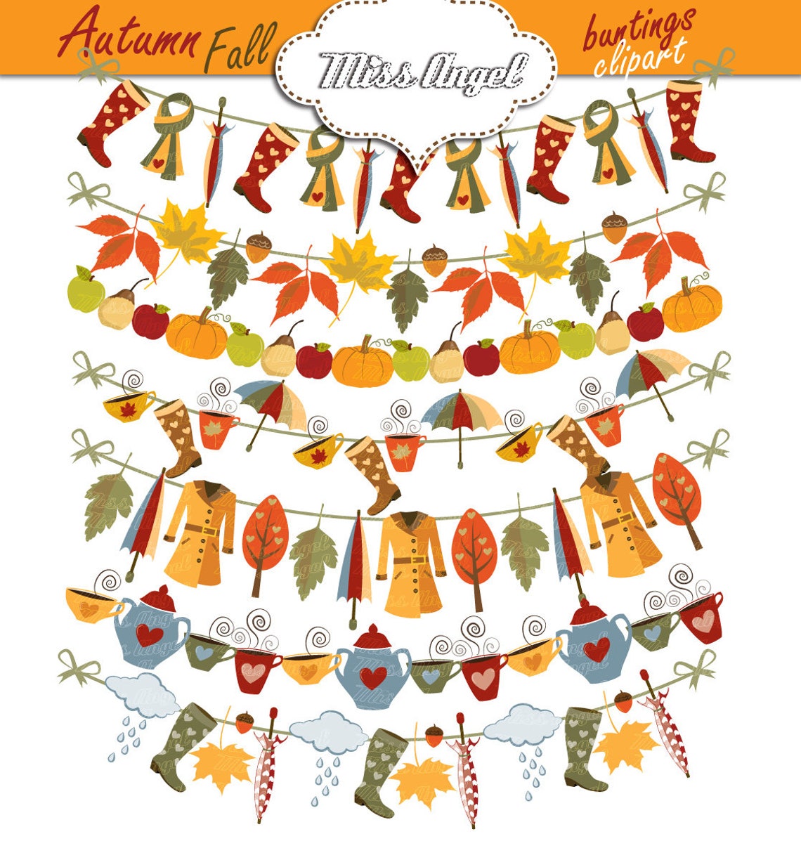 Digital Autumn Borders Clip Art. Autumn Bunting Banners. Fall Digital ...