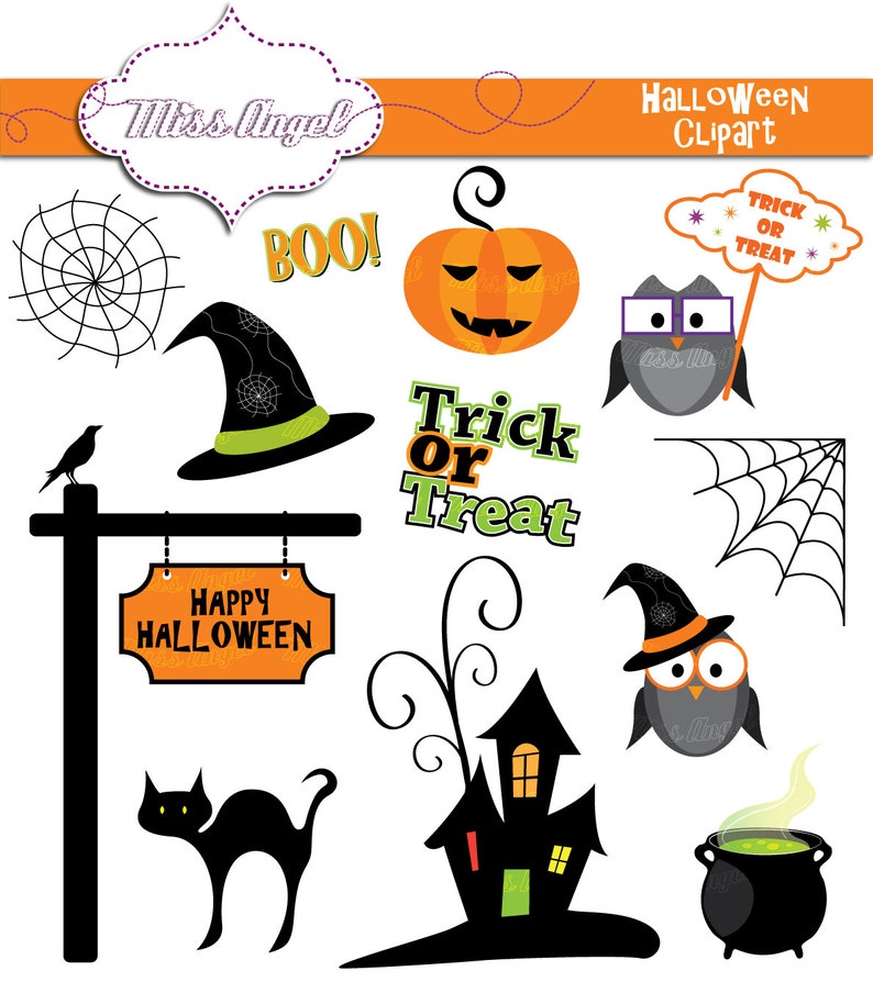 Halloween Clipart. 12 Illustrations . Pumpkin, Witch, Black Cat ...