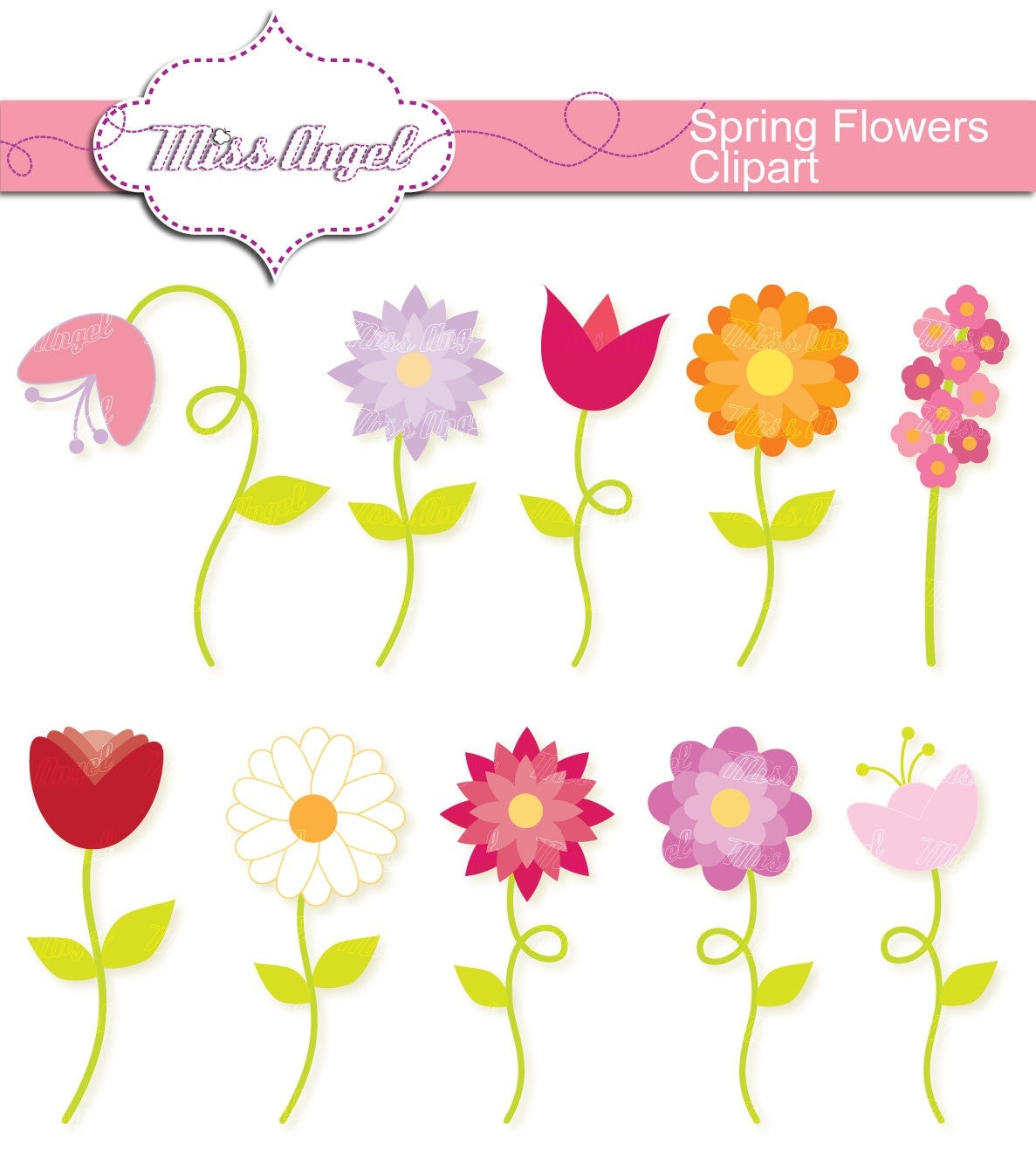 Spring Flowers CLIPART SET, 10 Digital Flowers. 6" Clip Art Printable ...