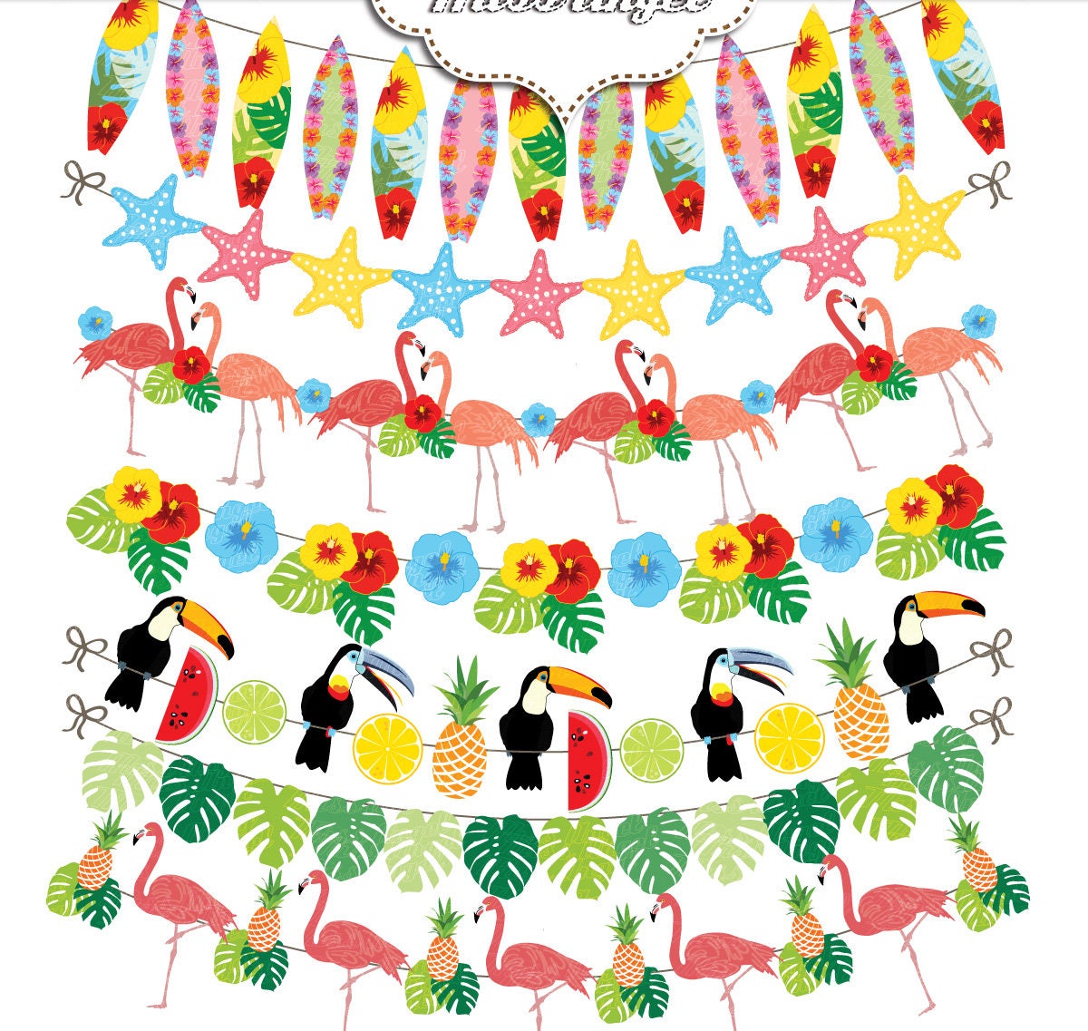 Flamingo Buntings Clipart. Tropical Hawaii Luau Digital Garlands ...