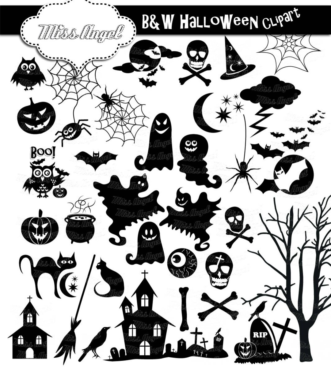 Halloween Silhouettes Clip Art. 34 Black Halloween Clipart. 6" Black ...