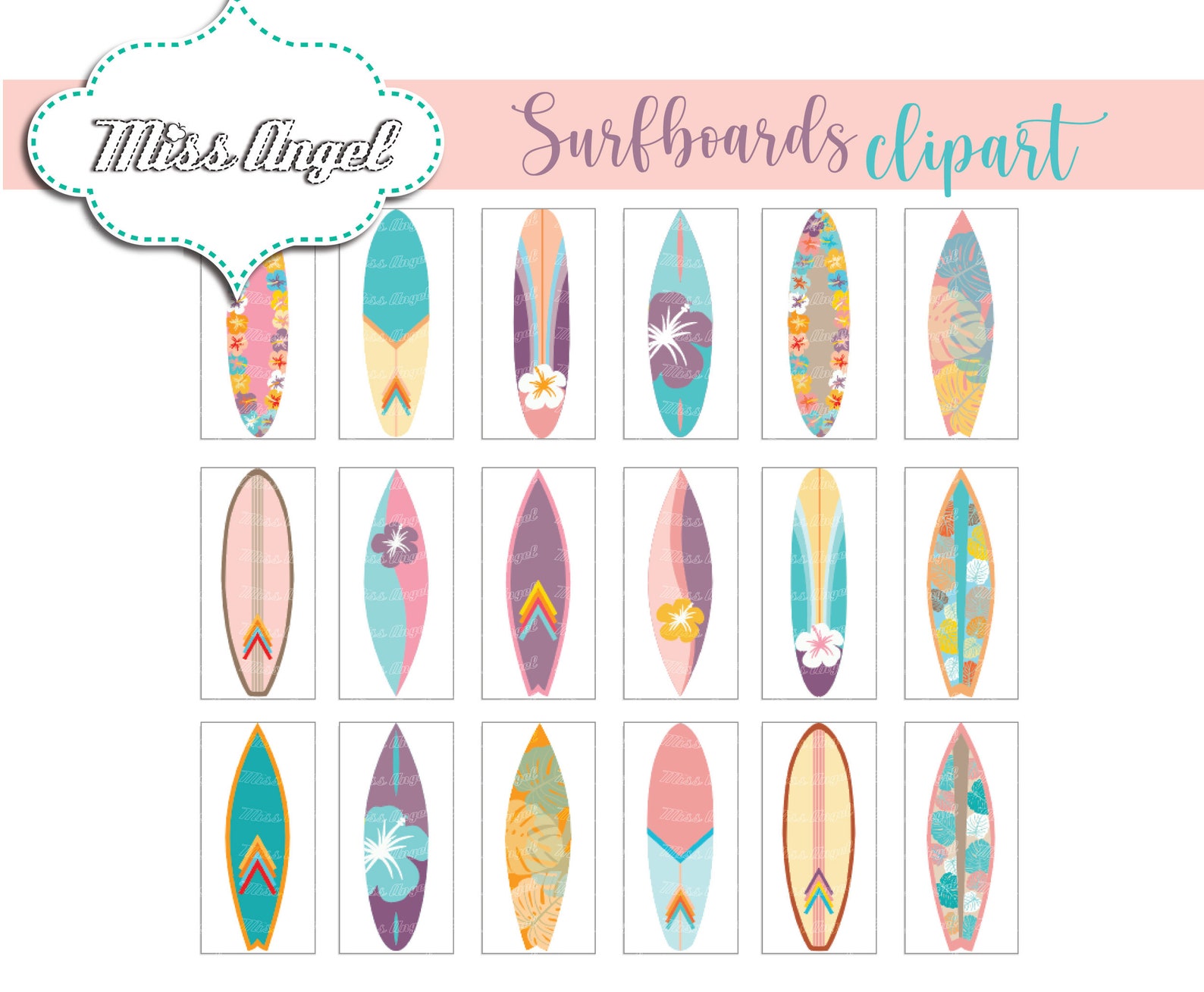 Hawaii Surfboards Clipart Set, 18 Digital Surf Boards. Printable Beach ...