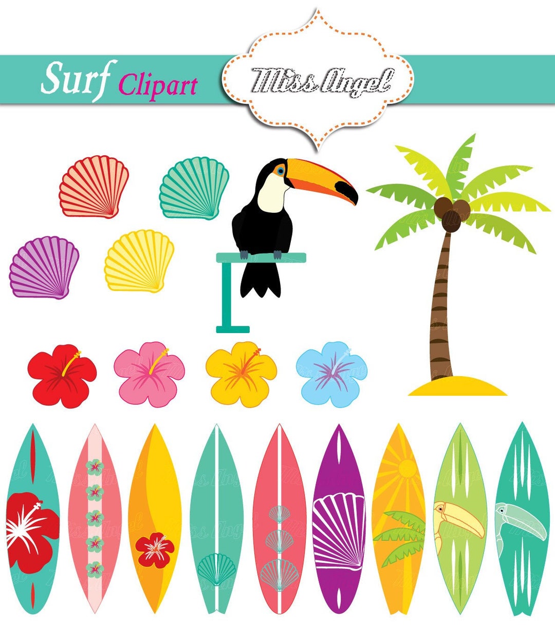 Surfboards Clipart, Summer Surfboards, Palmtree, Toucan, Shells ...